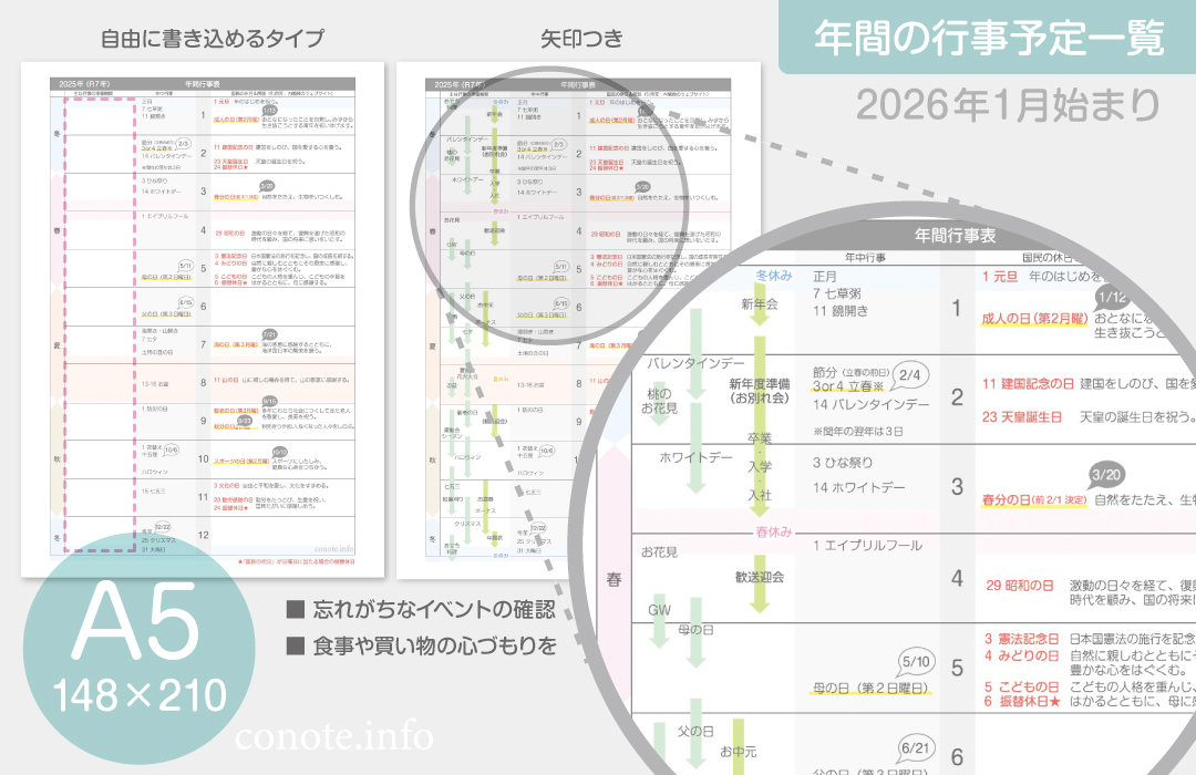 [2026年1月始まり・4月始まり]年間行事予定表一覧 | conote note